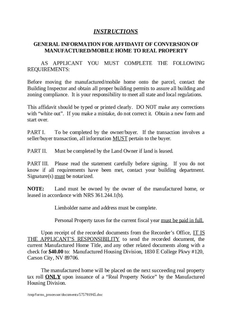 AFFIDAVIT CONVERSION OF MANUFACTURED/MOBILE HOME TO REAL ... Doc ...