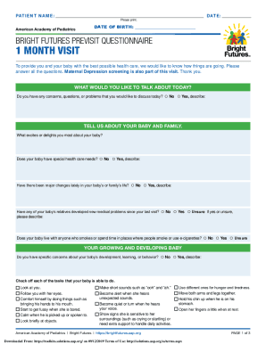 Fillable Online BRIGHT FUTURES PREVISIT QUESTIONNAIRE 1 MONTH VISIT ...