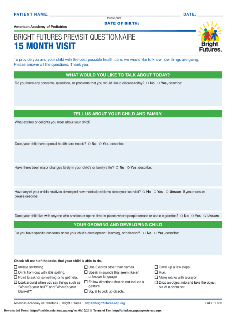 Bright Futures 15 Month Visit Questionnaire - Blank Fillable Template ...