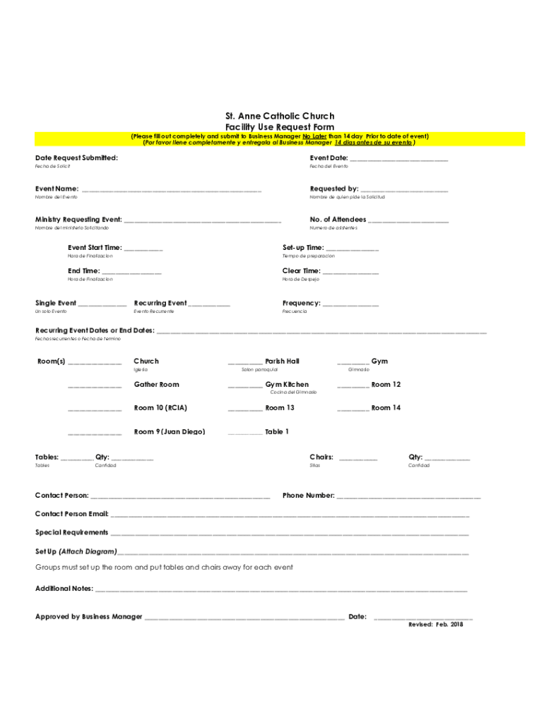 Fillable Online St. Anne Catholic Church Facility Use Request Form Fax ...
