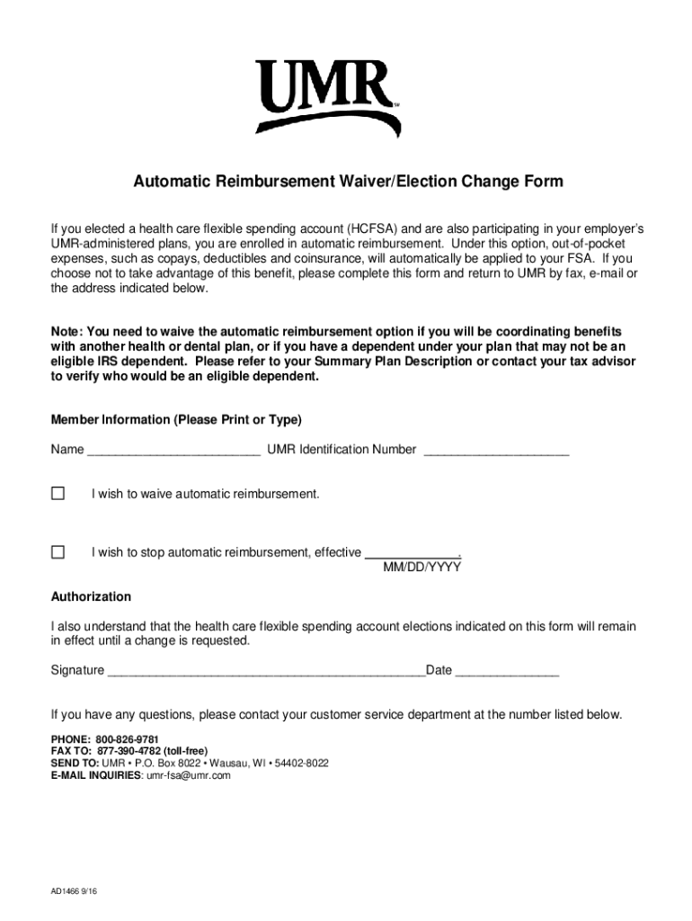 Fillable Online Automatic Reimbursement Waiver/ Election Change Form ...