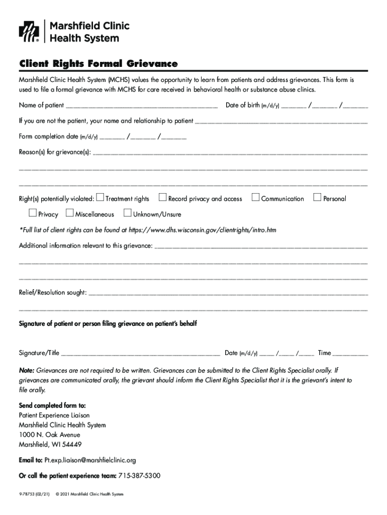 Fillable Online Client Rights Formal Grievance - Marshfield Clinic Fax ...