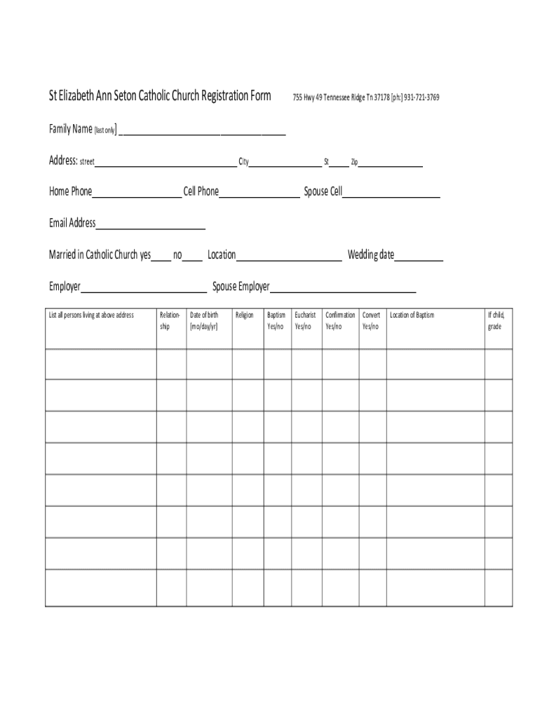 Fillable Online St Elizabeth Ann Seton Catholic Church Registration ...