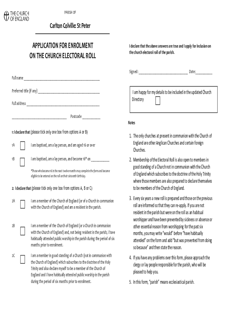 Fillable Online Application for enrolment on to the Electoral Roll of ...