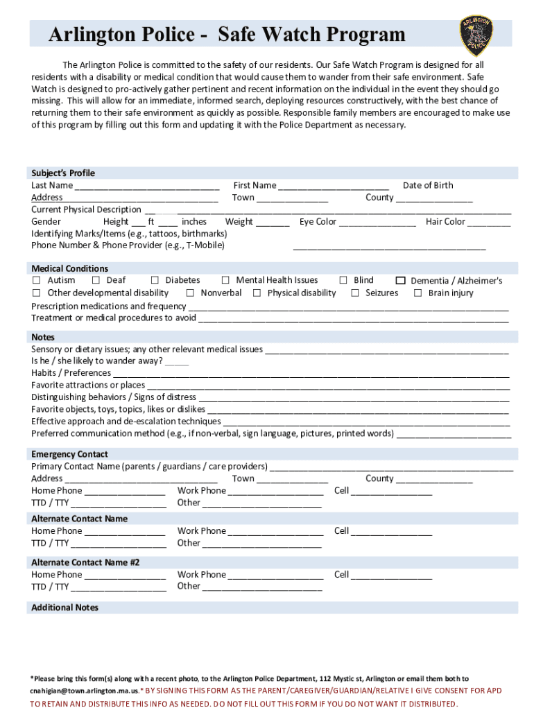 Fillable Online Arlington Police - Safe Watch Program Fax Email Print ...