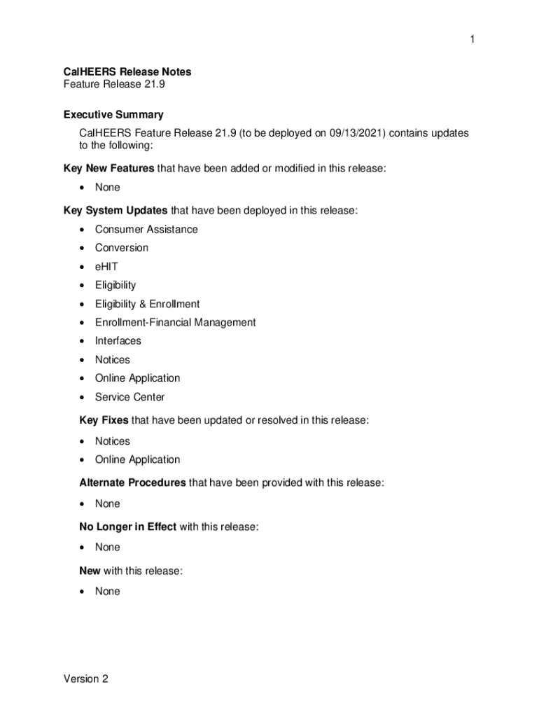 Fillable Online 1 Version 2 CalHEERS Release Notes Feature Release 21.9 ...