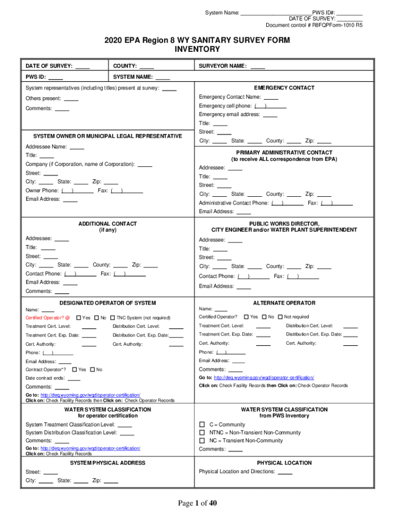 Fillable Online EPA Region 8 Wyoming Sanitary Survey Form - 2020 ...