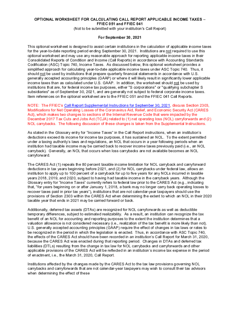 Fillable Online OPTIONAL WORKSHEET FOR CALCULATING CALL REPORT ...