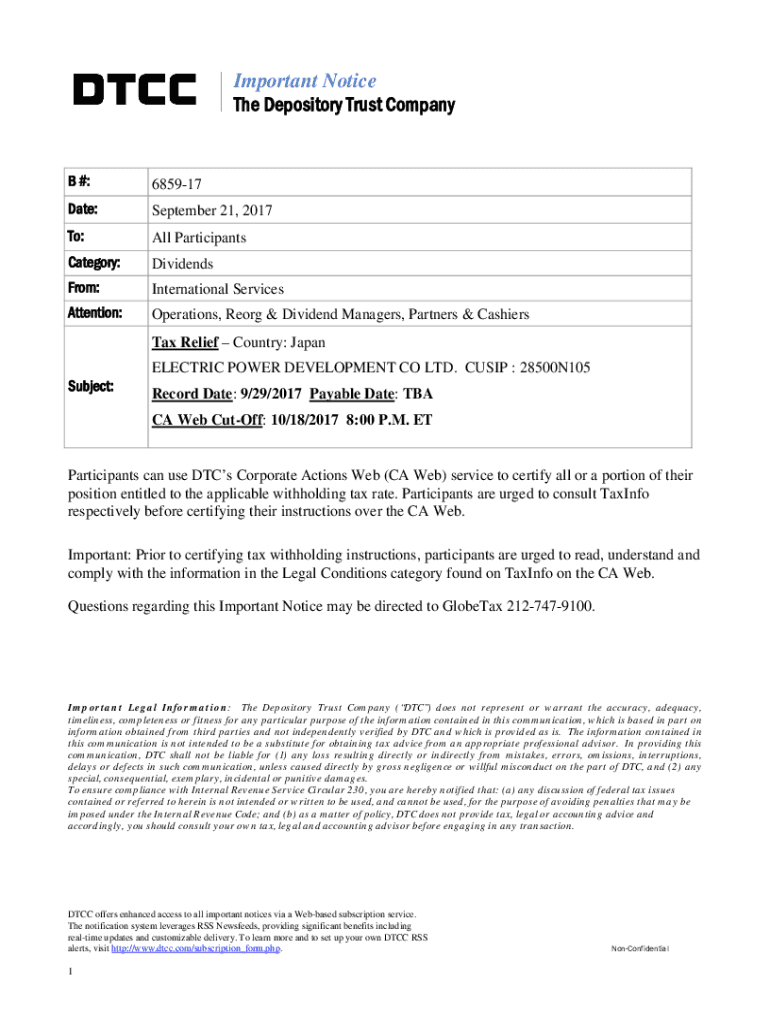 Fillable Online ELECTRIC POWER DEVELOPMENT CO LTD has announced a cash ...