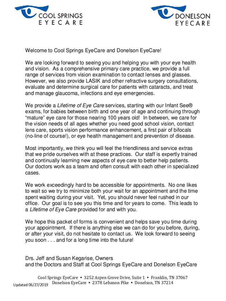 Fillable Online Welcome to Cool Springs EyeCare and Donelson EyeCare! Fax Email Print - pdfFiller