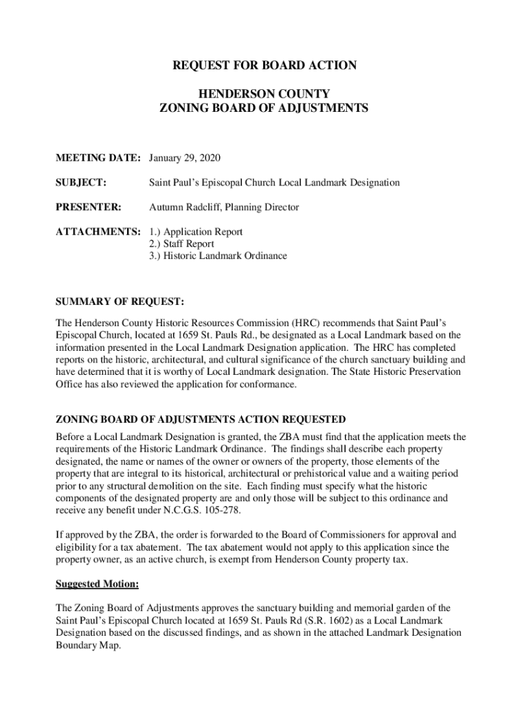 Fillable Online REQUEST FOR BOARD ACTION HENDERSON COUNTY ZONING ...