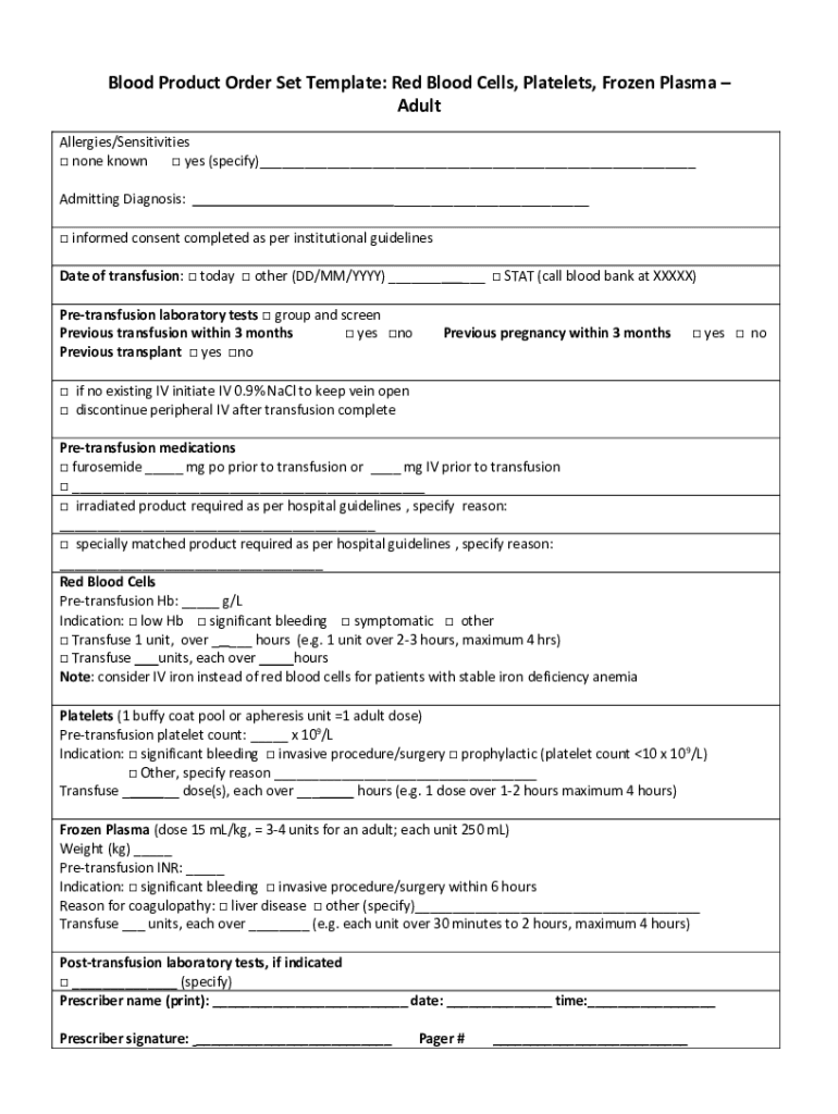 Fillable Online Blood Product Order Set Template: Red Blood Cells ...
