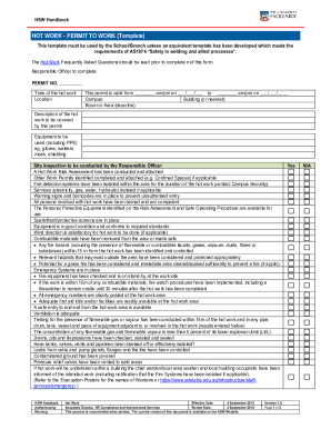 Fillable Online HSW Handbook HOT WORK - PERMIT TO WORK (Template) This ...