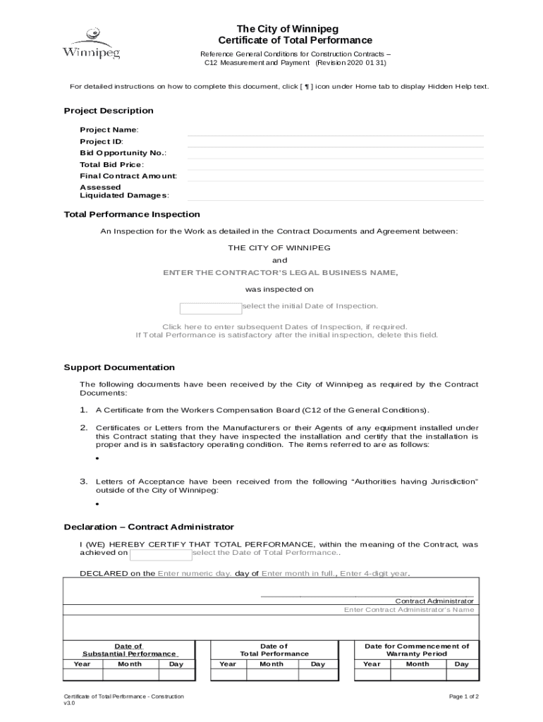 Certificate of Total Perance - Construction Template Doc Template ...