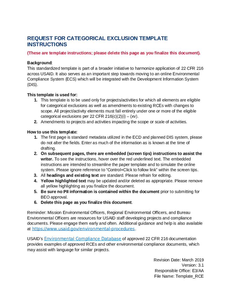 Request for Categorical Exclusion TEMPLATE INSTRUCTIONS Doc Template ...