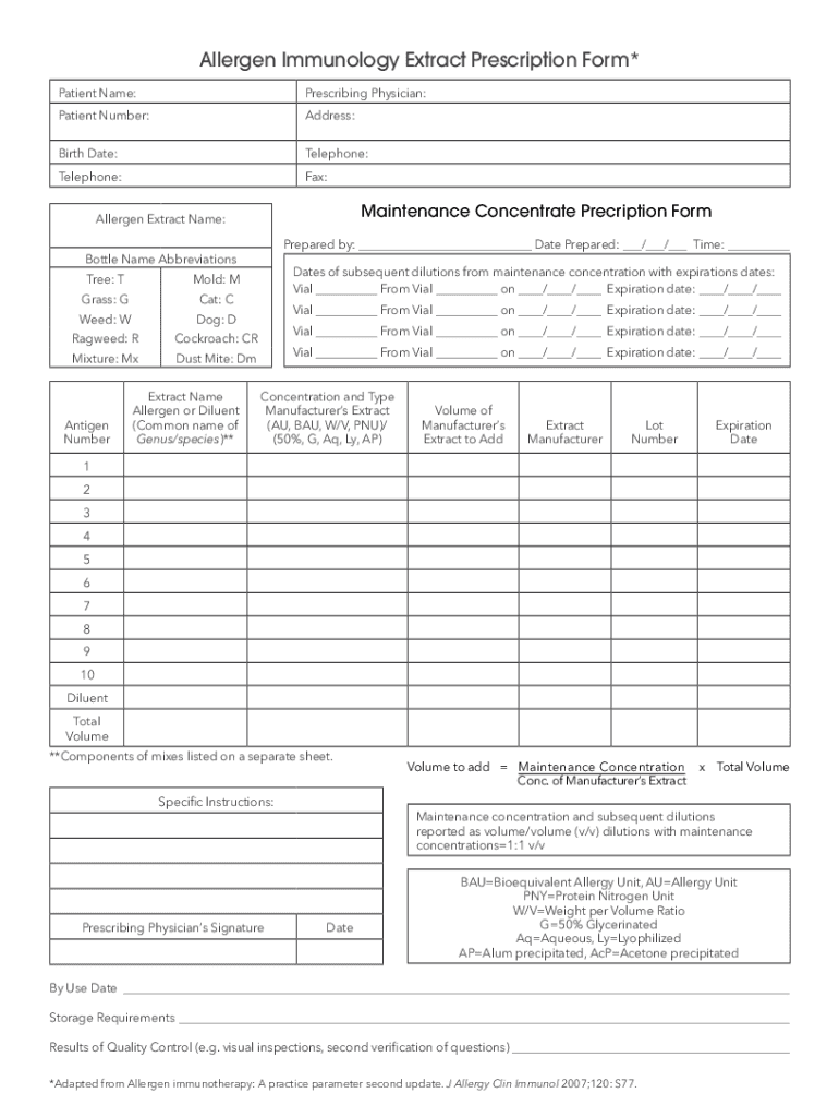 Fillable Online college acaai Allergen Immunology Extract Prescription Form* Fax Email Print ...