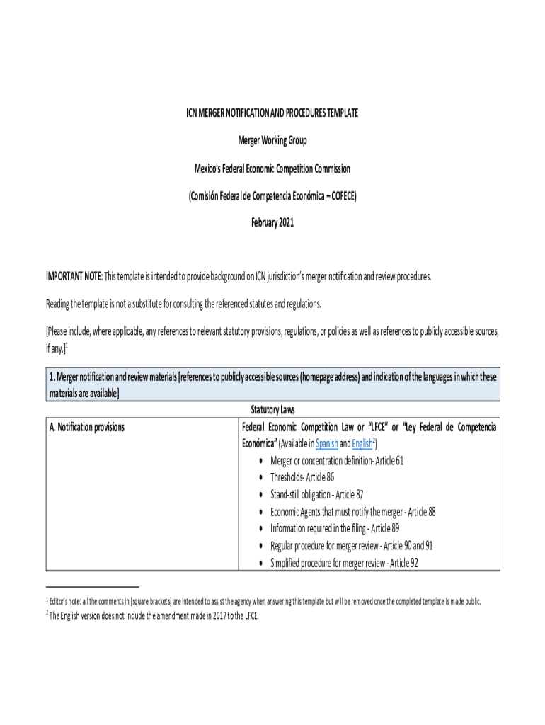Fillable Online ICN MERGER NOTIFICATION AND PROCEDURES TEMPLATE ...