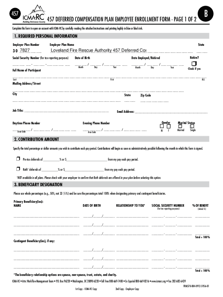 Fillable Online 457 B 457 defeRRed CoMpensAtIon pLAn eMpLoYee ...