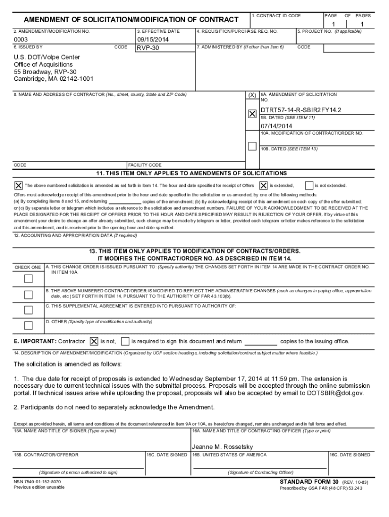 Fillable Online AMENDMENT OF SOLICITATION/MODIFICATION OF CONTRACT 1 2 ...