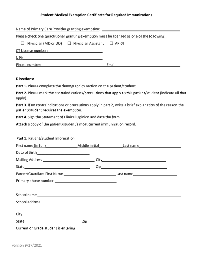 Fillable Online Student Medical Exemption Certificate for Required ...