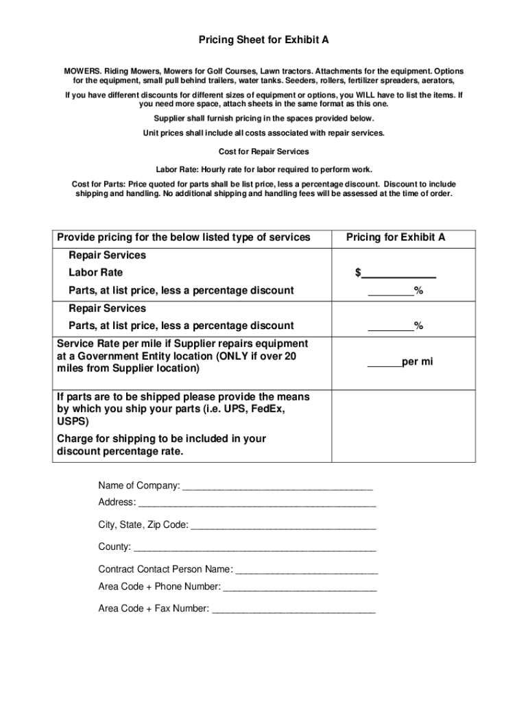 Fillable Online Pricing Sheet for Exhibit A Provide pricing for the ...