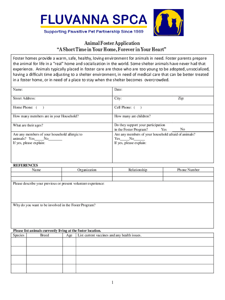 Fillable Online Animal Foster Application A Short Time in Your Home ...