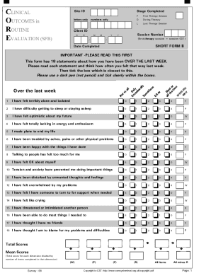 Fillable Online CORE-SF/B (Clinical Outcomes in Routine Evaluation ...