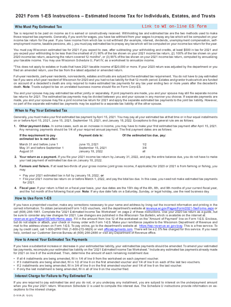 Fillable Online D 101a Form 1 ES Instructions Estimated Income Tax For ...