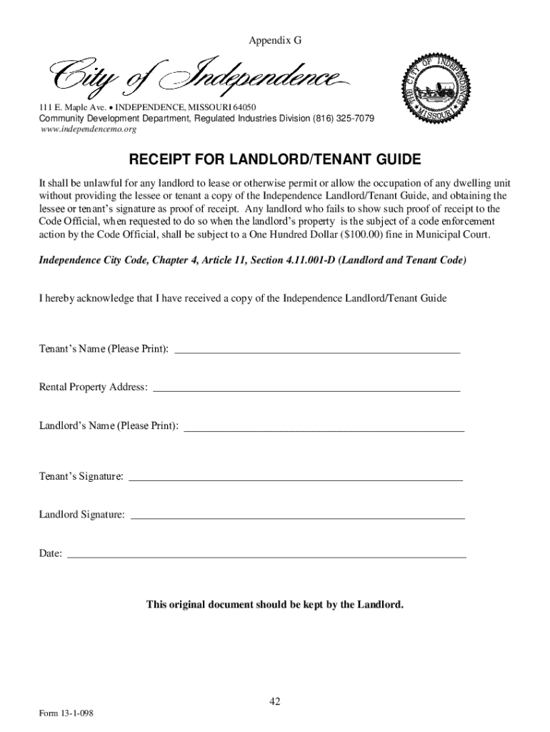 Fillable Online RECEIPT FOR LANDLORD/TENANT GUIDE - ci.independence.mo ...