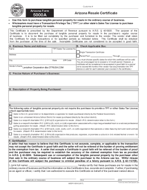 Fillable Online Fillable Online Form 5000A - Arizona Resale Certificate ...