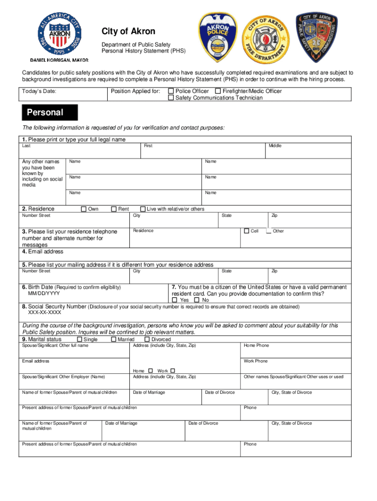 Fillable Online pst phsPublic Safety Testing - Personal History ...