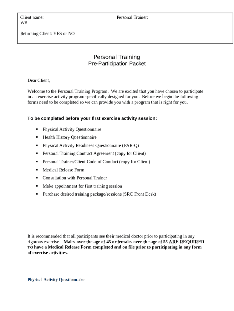 Personal Trainer Intake s For Clients Doc Template | pdfFiller