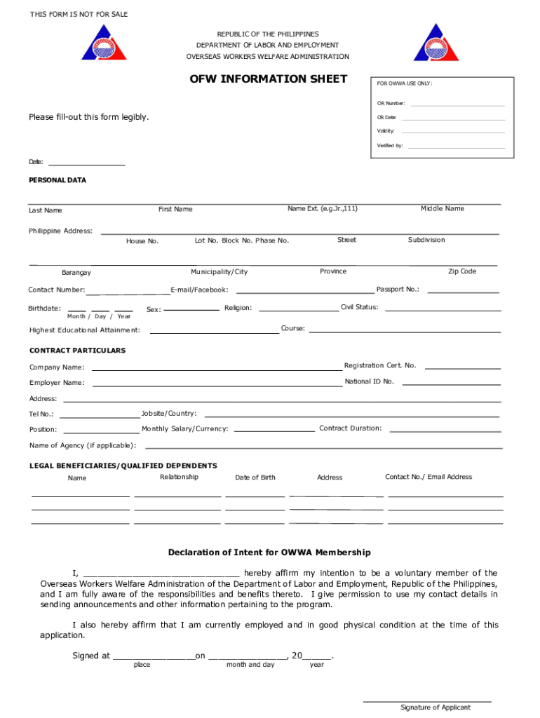 Fillable Online parispe dfa gov OFW INFORMATION SHEET FOR OWWA USE ONLY ...
