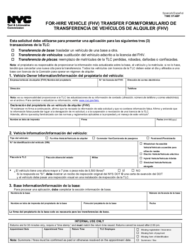 Fillable Online FOR-HIRE VEHICLE (FHV) TRANSFER FORM/FORMULARIO DE ...