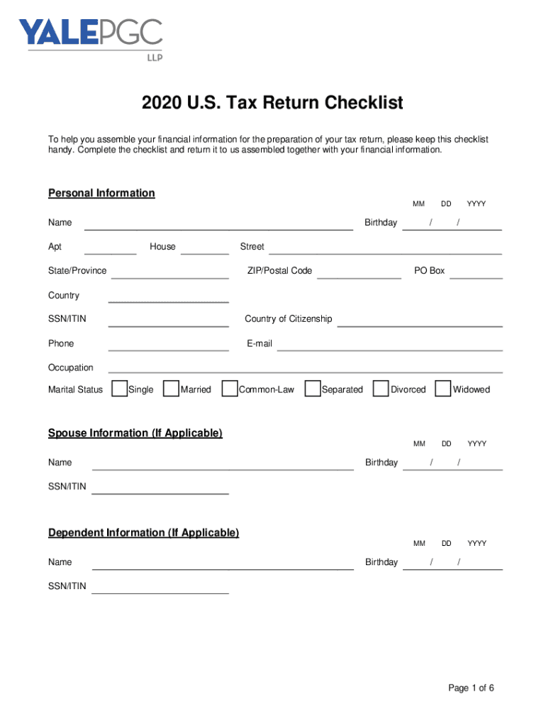 Fillable Online 2020 US Tax Return Checklist - Yale PGC Fax Email Print ...