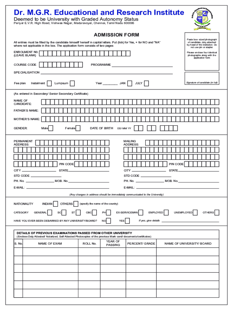Fillable Online Dr. M.G.R. Admission Form Fax Email Print - pdfFiller