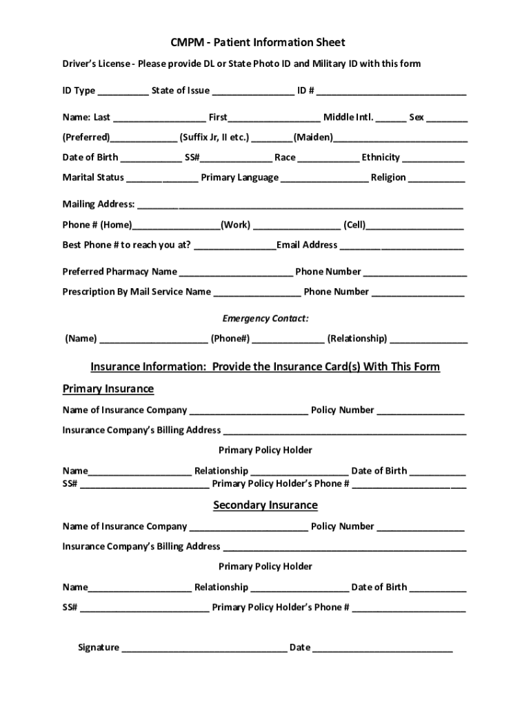 Fillable Online CMPM - Patient Information Sheet Fax Email Print - pdfFiller