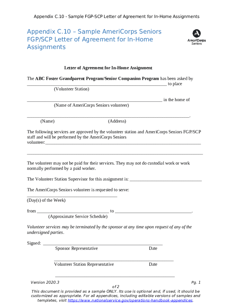 Appendix C.10 - Sample FGP-SCP Letter of Agreement for In-Home Assignments Doc Template | pdfFiller