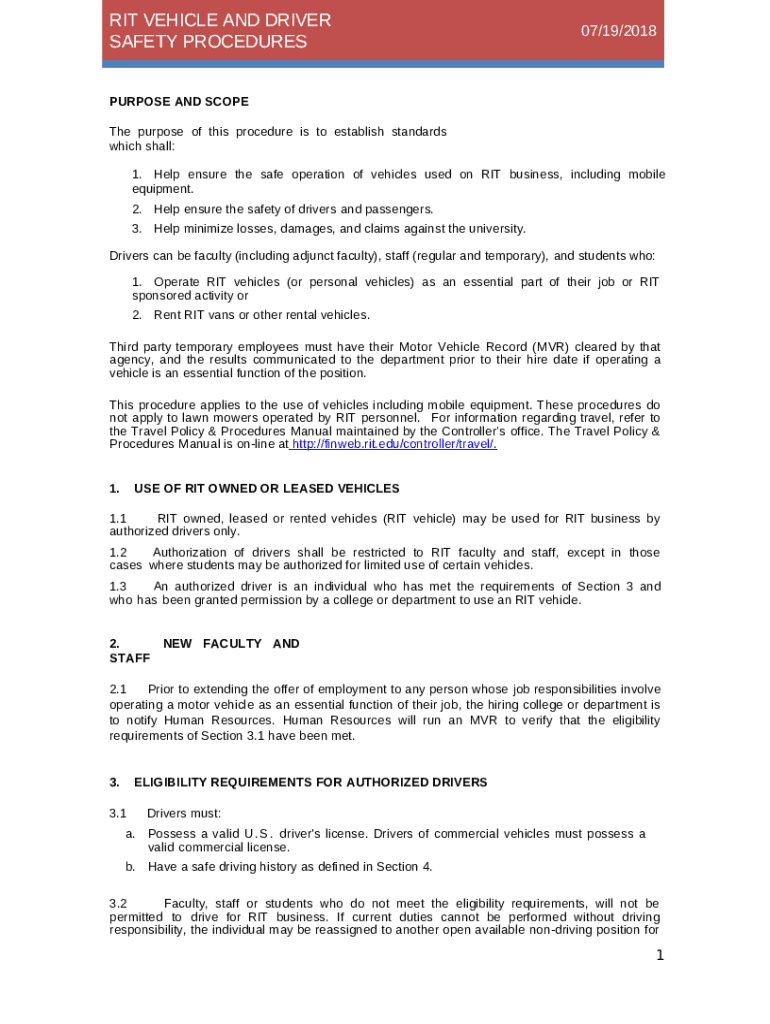 RIT VEHICLE and Driver Safety PROCEDURES Doc Template | pdfFiller