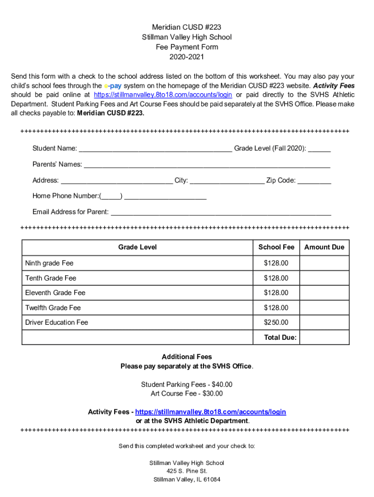 Fillable Online Meridian CUSD #223 Meridian Junior High Fee Payment Form Fax Email Print - pdfFiller