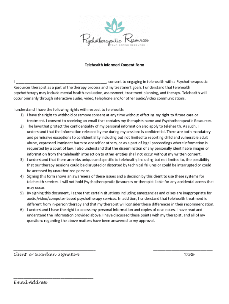 Fillable Online Telehealth Informed Consent Form I - Psychotherapeutic ...