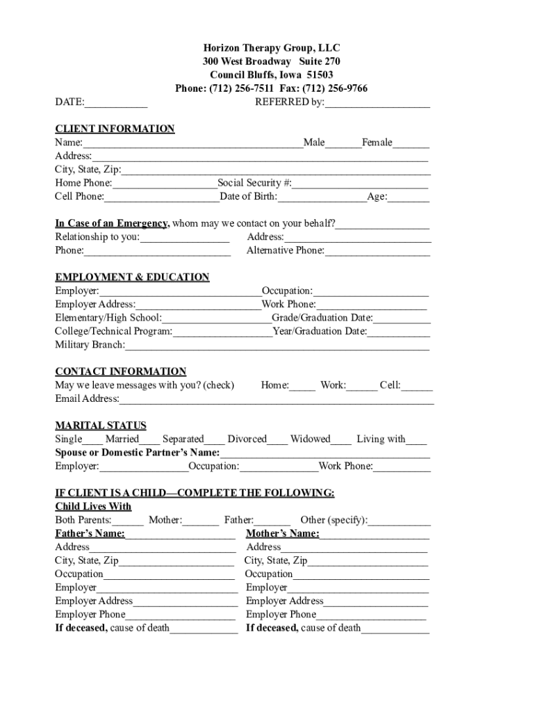 Fillable Online Fillable Online Horizon Therapy Group, LLC Fax Email ...