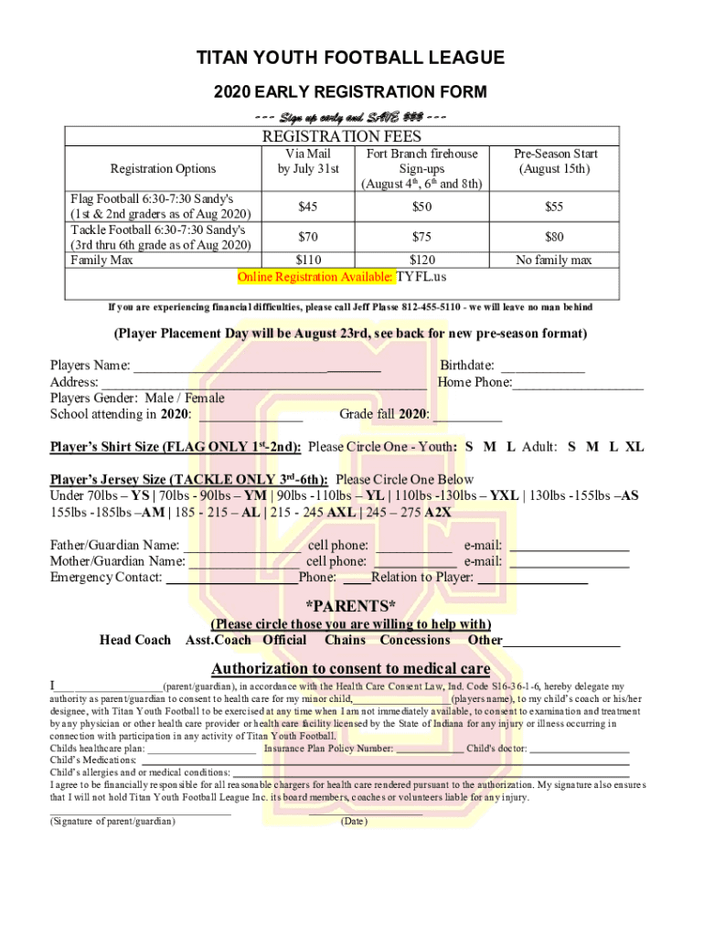 Fillable Online TYFL PLAYER REGISTRATION FORM. REGISTRATION FORM Fax ...