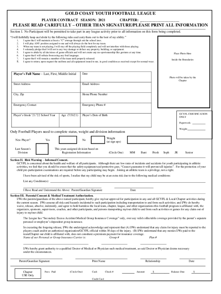 Fillable Online Youth Football Contract Signature Form - Fill and Sign ...