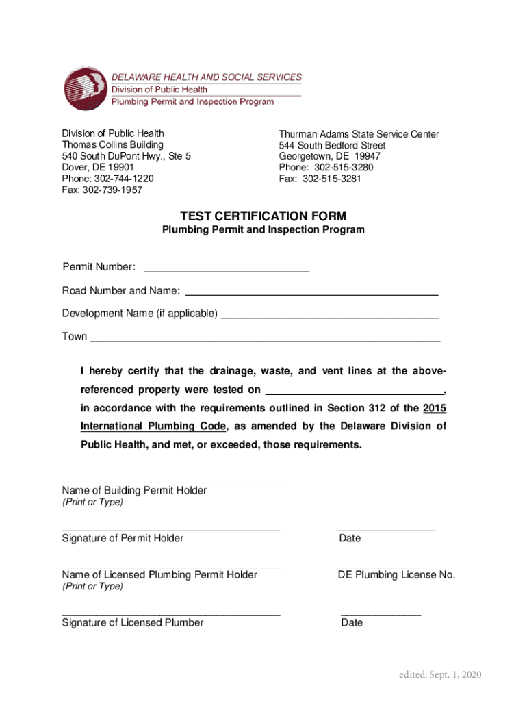 Fillable Online dhss delaware TEST CERTIFICATION FORM Fax Email Print ...