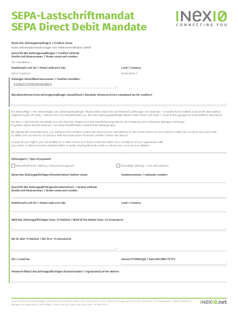 Fillable Online SEPA-Lastschriftmandat SEPA Direct Debit Mandate - inexio.net Fax Email Print ...