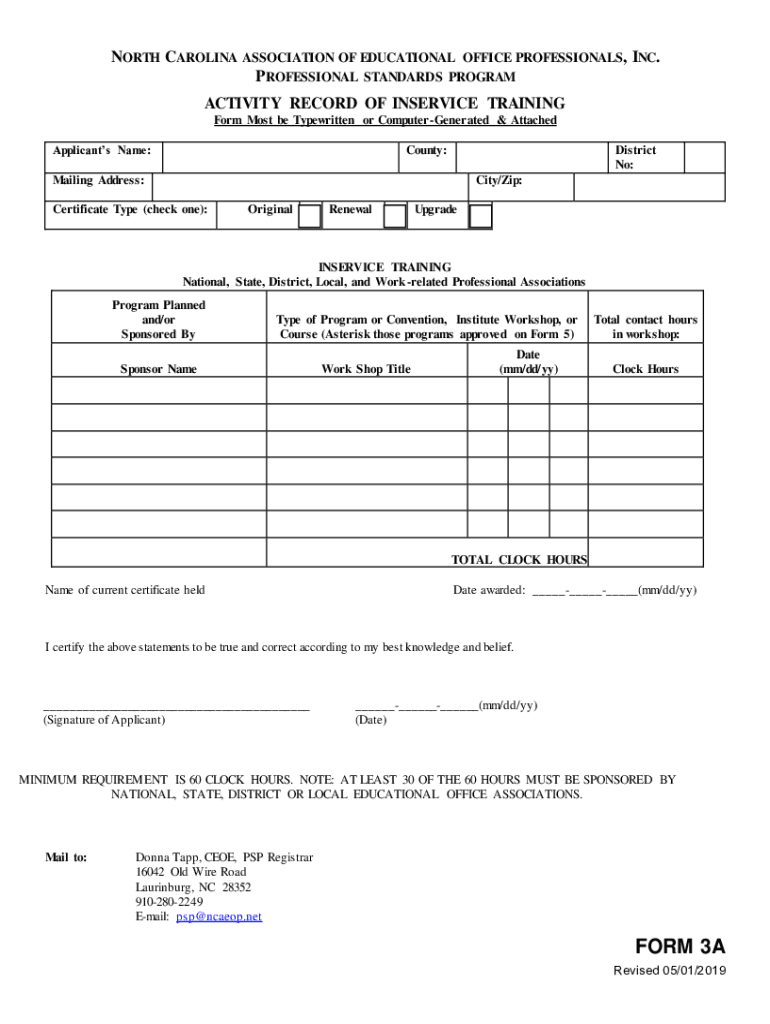 Fillable Online ACTIVITY RECORD OF INSERVICE TRAINING - ncaeop.net Fax ...