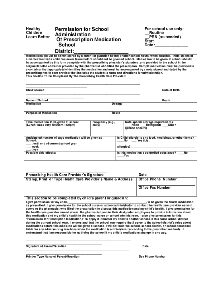 Fillable Online Permission for School Administration Of Prescription ...