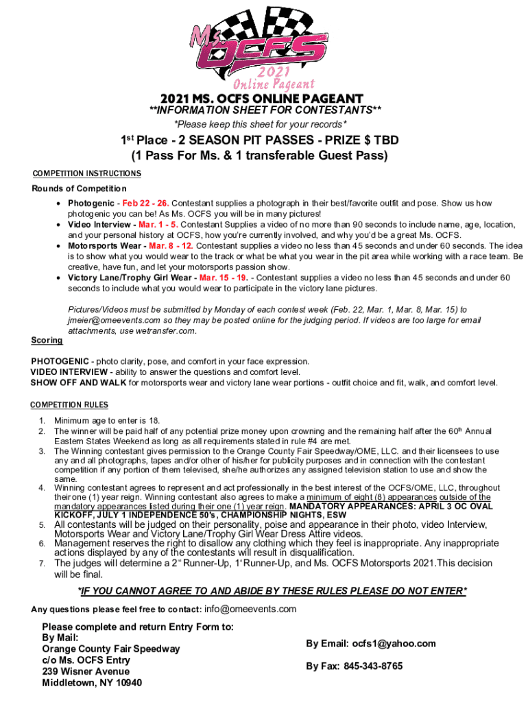 Fillable Online 2021 MS. OCFS ONLINE PAGEANT **INFORMATION SHEET FOR ...