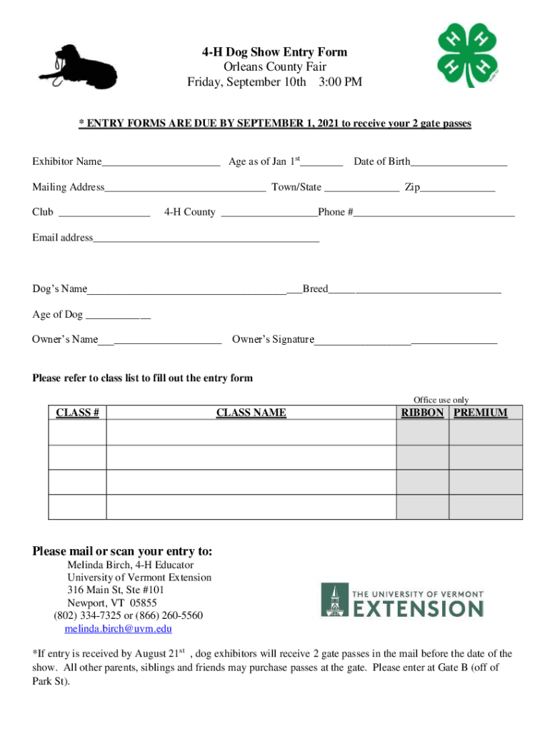 Fillable Online 4-H Dog Show Entry Form Orleans County Fair Friday ...